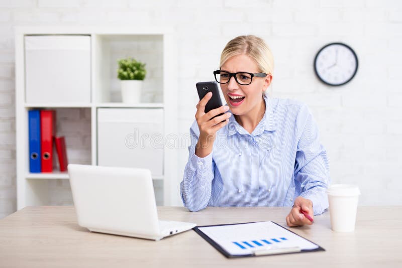 Angry Business Woman Shouting on Phone in Office Stock Image - Image of ...