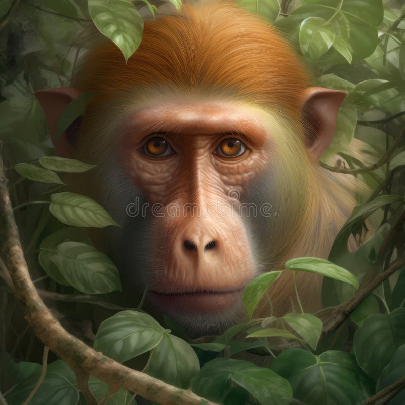 A Proboscis Monkey Head Wrapped in Green Leaves on a Background of ...