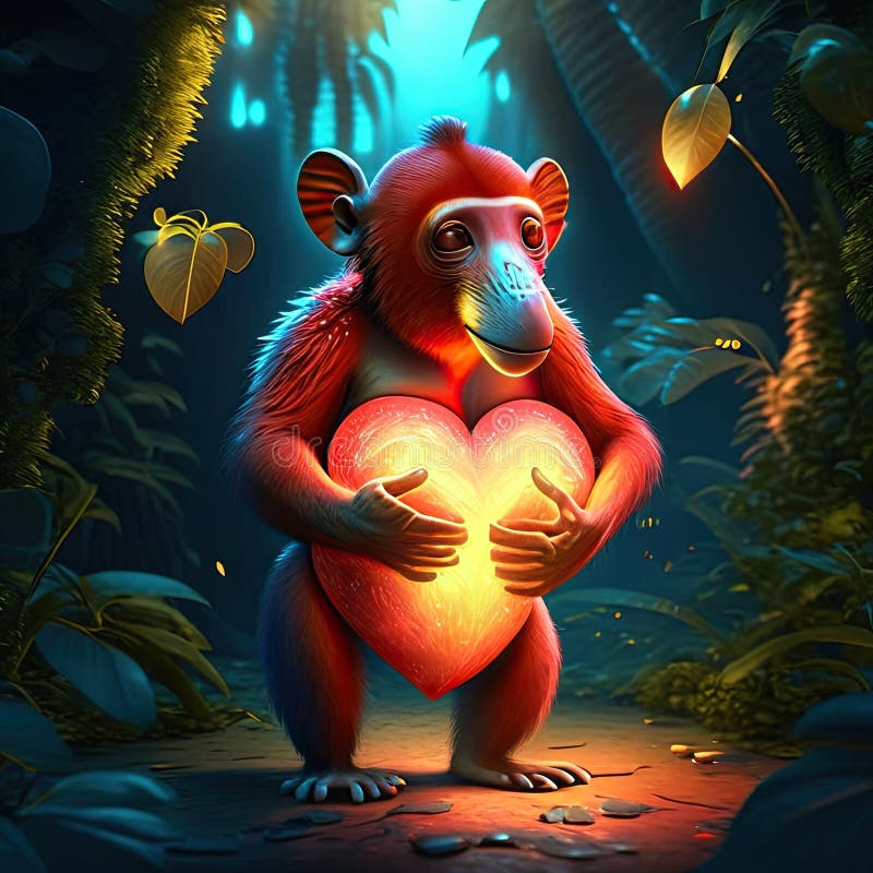 Proboscis Monkey Hugging Heart 3D Render of a Red Monkey with a Heart ...