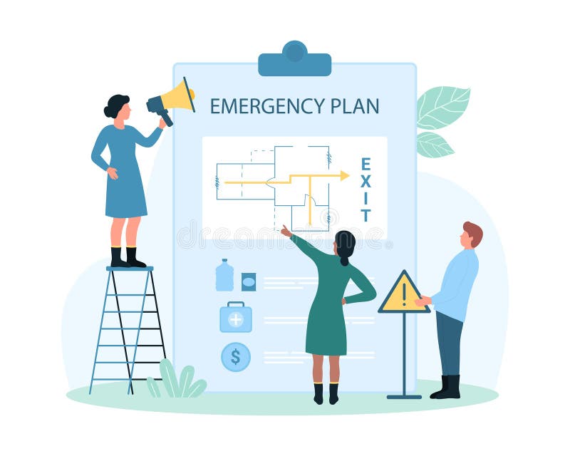Procedure of Evacuation, Emergency Map, Tiny People Notice about Safe ...