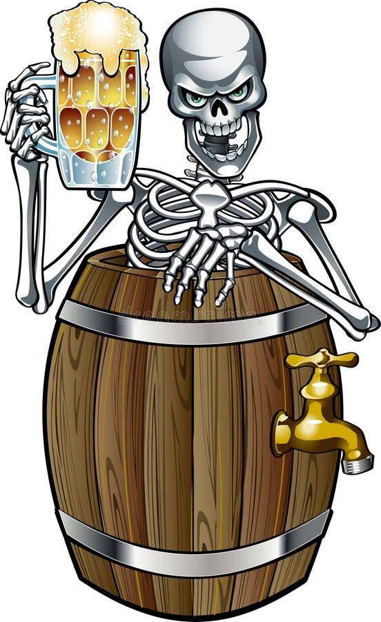 Human Skeleton Sitting in a Beer Barrel Holding a Glas of Foaming Beer ...