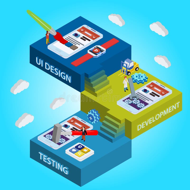 Process of App Development. Flat 3d Isometric UI Design Stock Vector ...