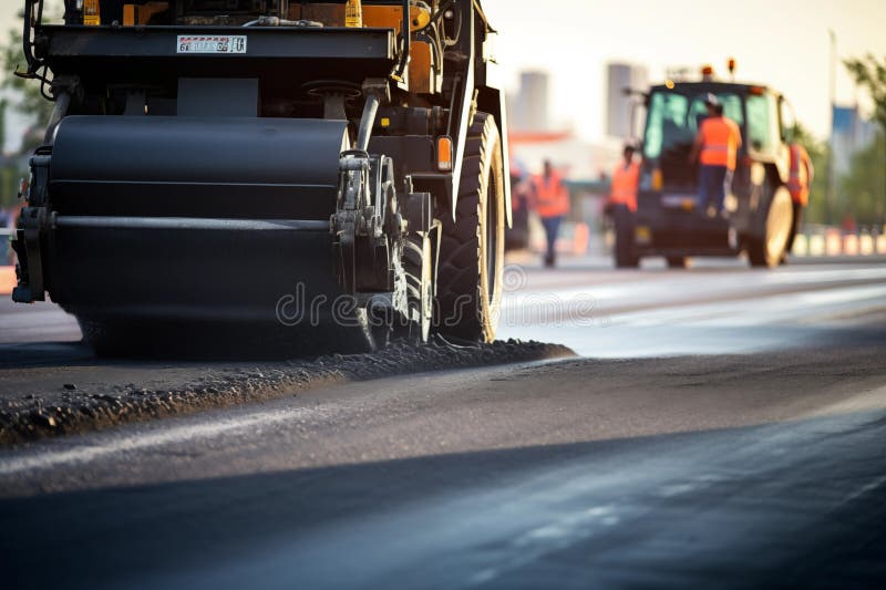Process of Asphalt Paving. Laying Down Fresh Asphalt on a Road, with ...