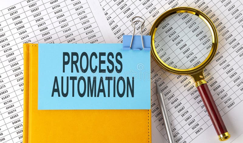 PROCESS AUTOMATION Text on Sticker on Notebook with Magnifier and Chart ...