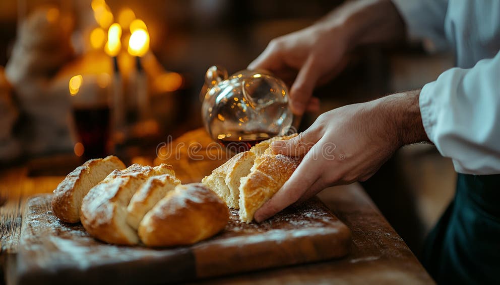 The Process of Breaking Bread. Religious Tradition of Breaking Bread. Bread and Wine Stock Image ...