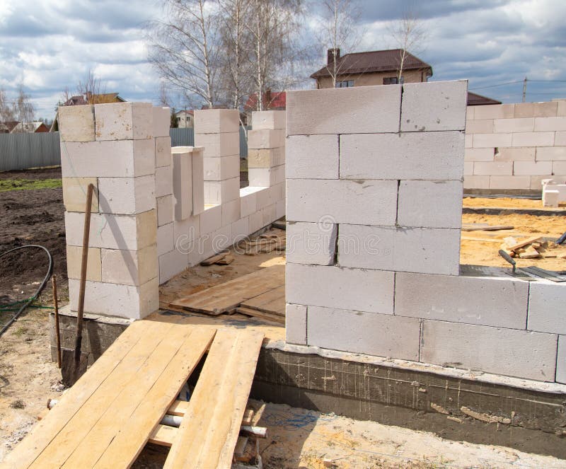 The Process of Building a House from Foam Concrete Bricks Stock Image ...