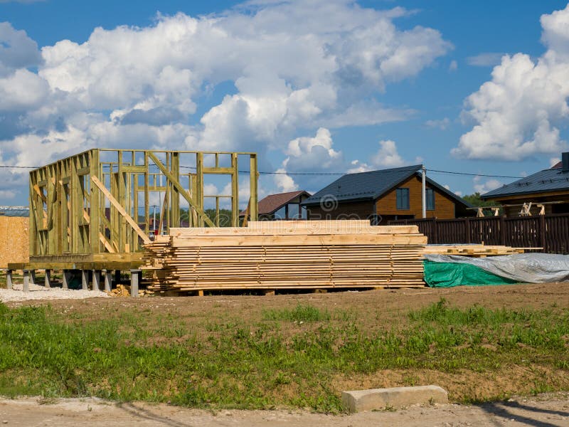 The Process of Building a Private Wooden-frame House. Under Constructio ...