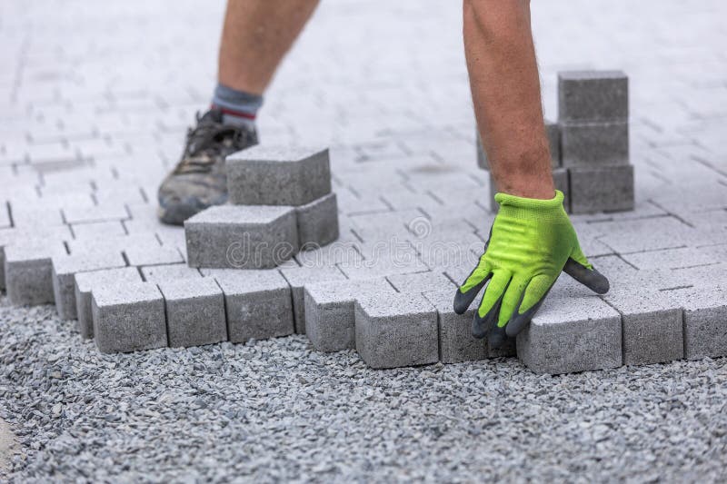 Process of Building Sidewalk, Worker Laying Interlocking Walking Path ...