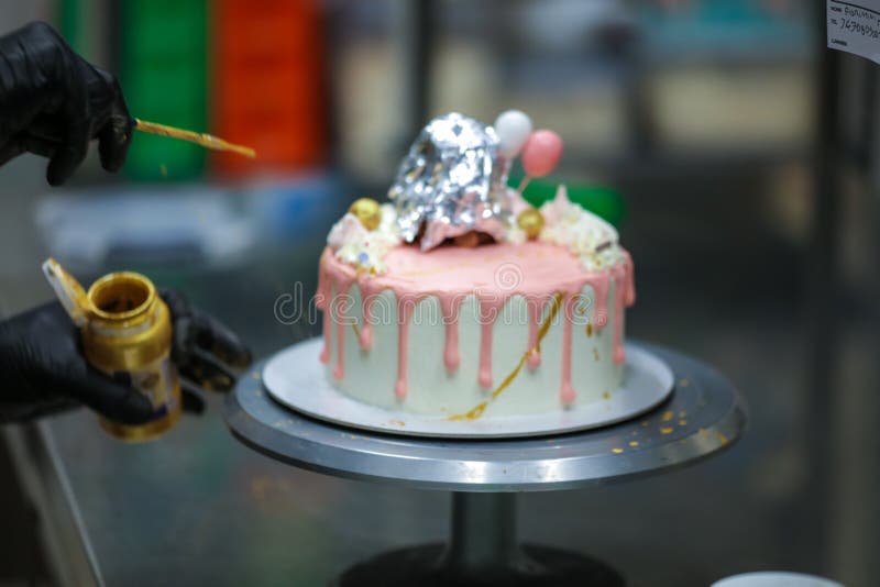 Process of Cake Baking with the Chef Decorating the Frosted Cake with ...