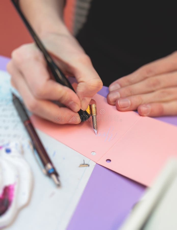 Process of Calligraphy Handwriting with an Ink Fountain Pen Feather ...