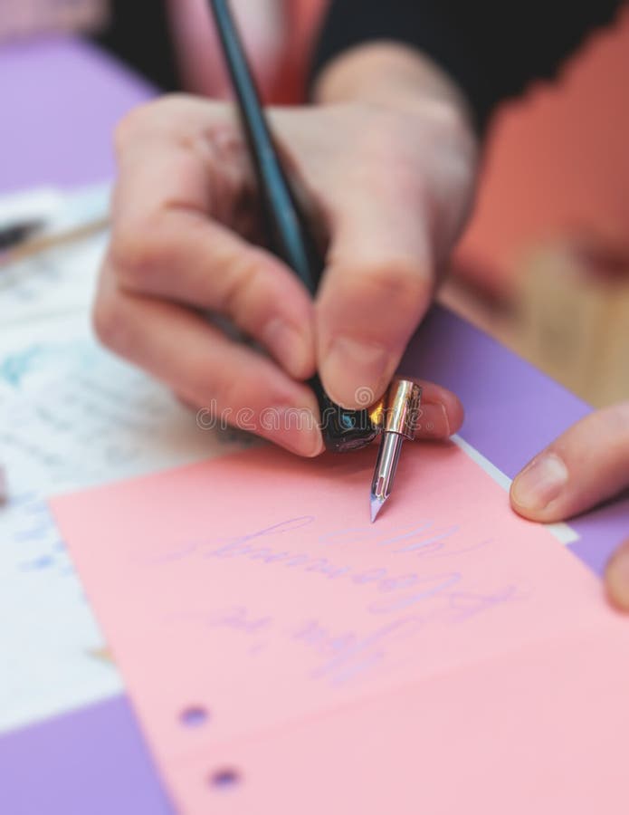 Process of Calligraphy Handwriting with an Ink Fountain Pen Feather ...