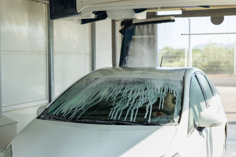 Process of Car Washing with Driver Inside Stock Image - Image of spray ...