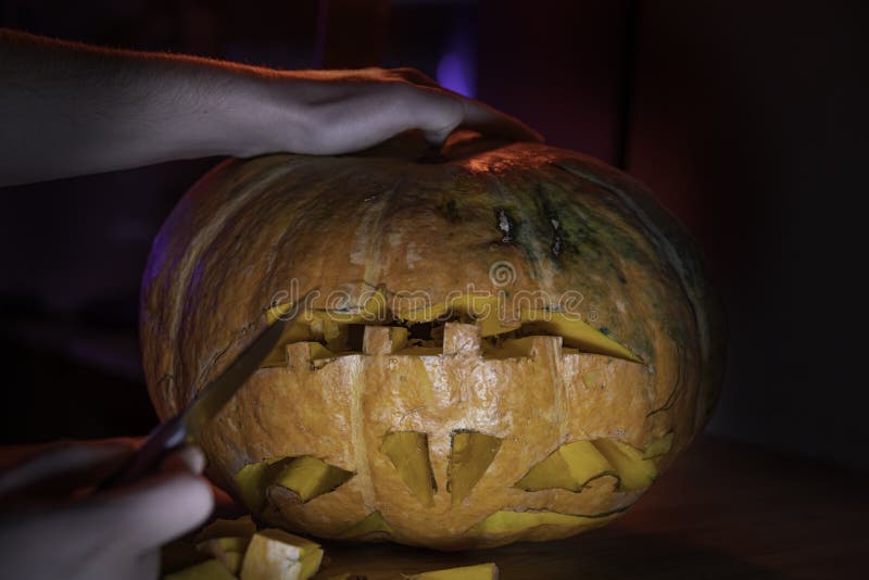 The Process of Carving a Halloween Pumpkin Stock Photo - Image of ...
