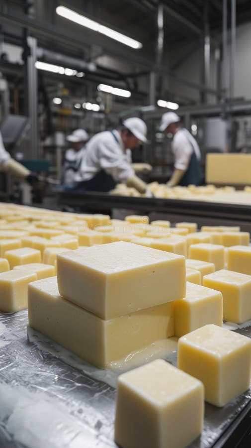 The Process of Cheese Production in a Factory. in the Foreground are ...