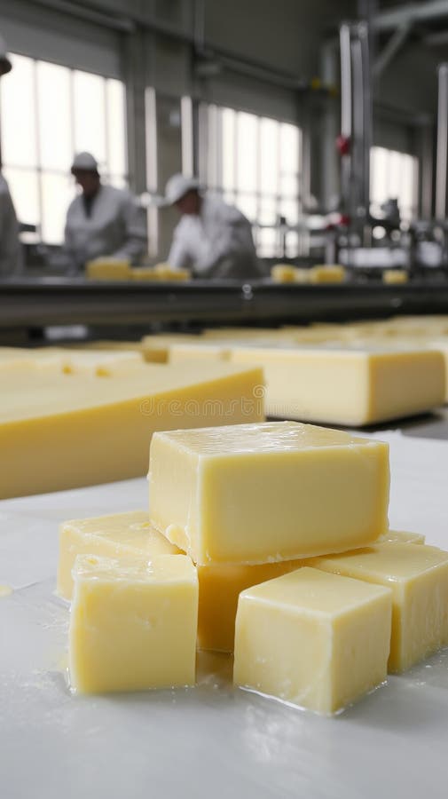 The Process of Cheese Production in a Factory. in the Foreground are ...