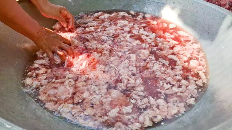 The Process of Cleaning the Pieces of Beef in a Cauldron Stock Video ...