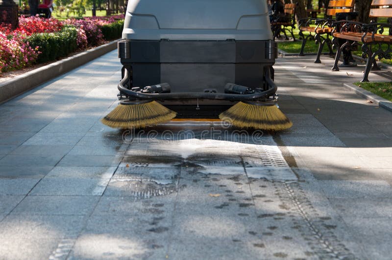 Process of Cleaning Walkways Machine Stock Image - Image of footway ...