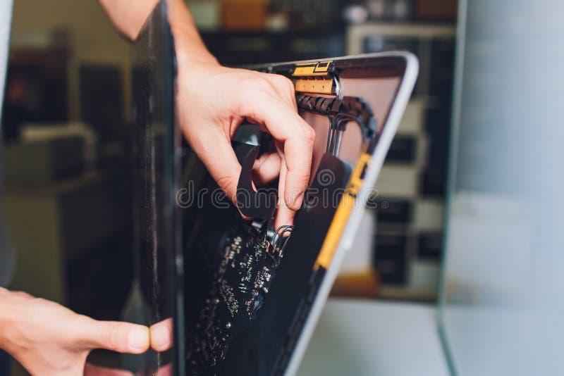 Process of Computer Repair. Engineer in White Gloves Disassembling ...