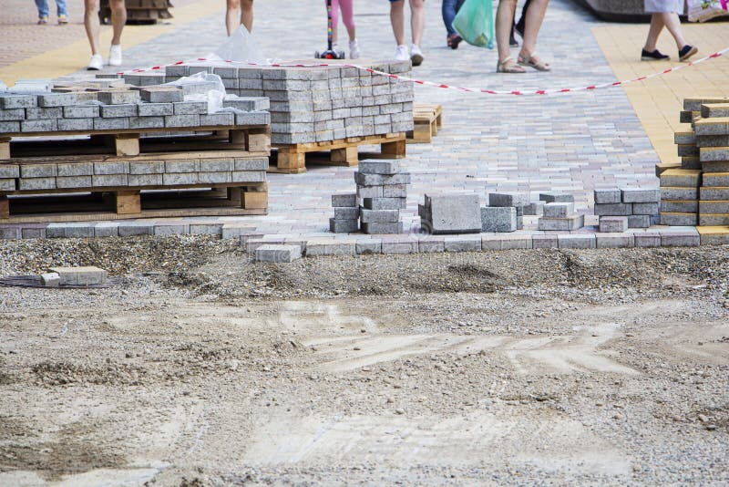 Process of Construction of Brick Paved Sidewalk, Half Built Pavement ...