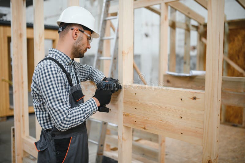 Process of Construction New and Modern Modular House. Worker Man in ...