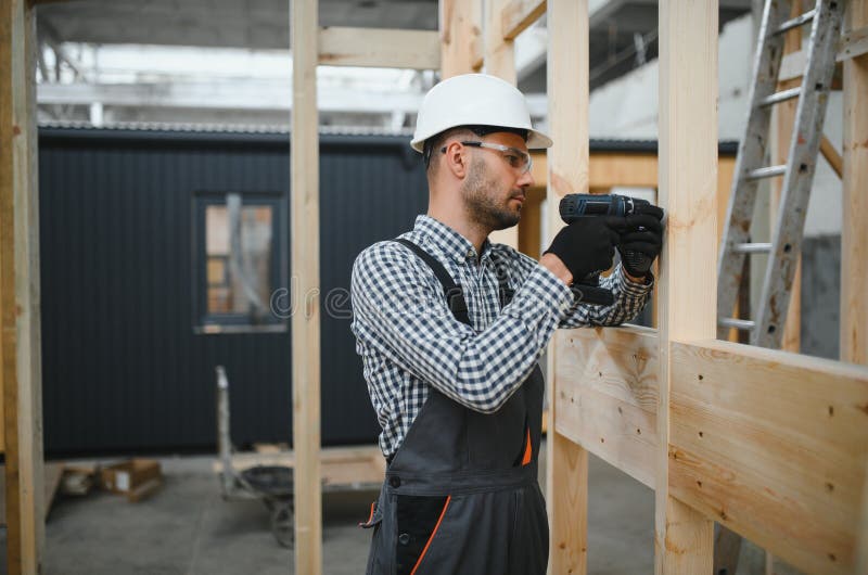 Process of Construction New and Modern Modular House. Worker Man in ...