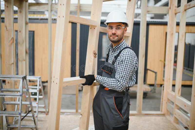 Process of Construction New and Modern Modular House. Worker Man in ...