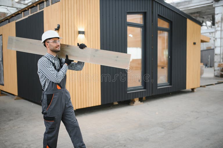 Process of Construction New and Modern Modular House. Worker Man in ...