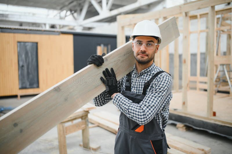 Process of Construction New and Modern Modular House. Worker Man in ...