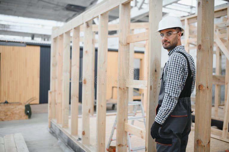 Process of Construction New and Modern Modular House. Worker Man in ...