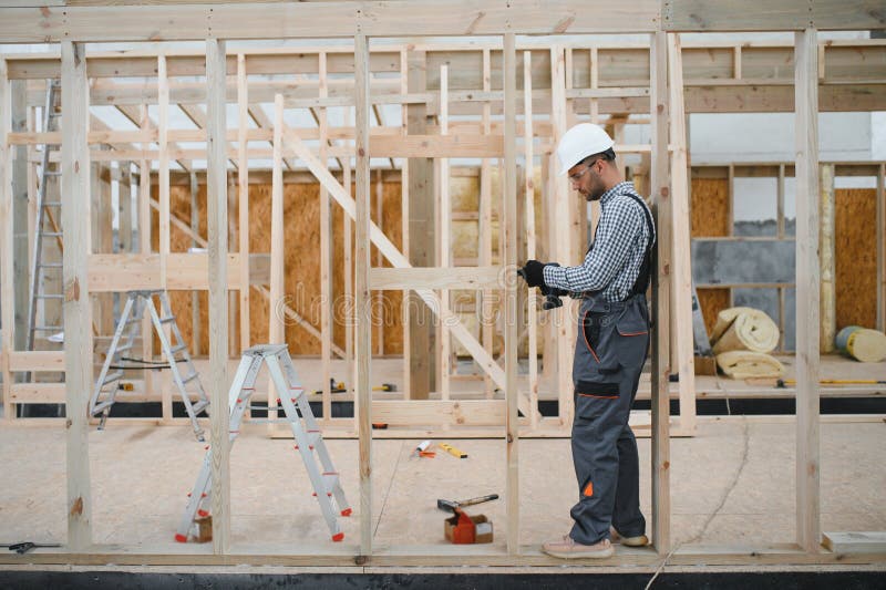 Process of Construction New and Modern Modular House. Worker Man in ...