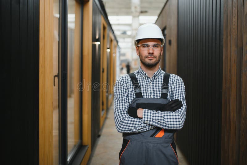 Process of Construction New and Modern Modular House. Worker Man in ...