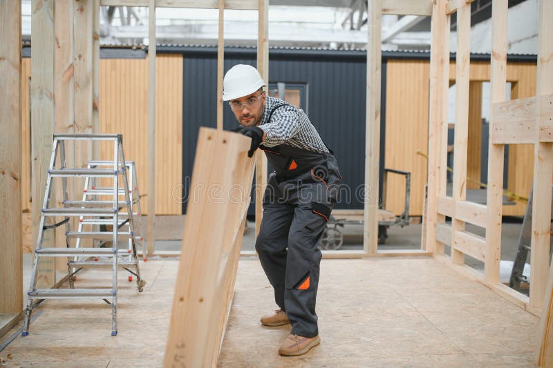 Process of Construction New and Modern Modular House. Worker Man in ...