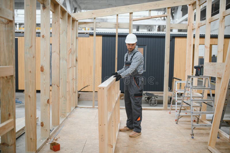 Process of Construction New and Modern Modular House. Worker Man in ...