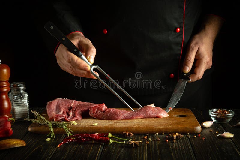 The Process of Cooking Beef Steak on the Kitchen Table for Barbecue ...