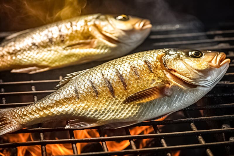 Process of Cooking Fish Dorado on Grill, Grilled Fish BBQ. Stock ...