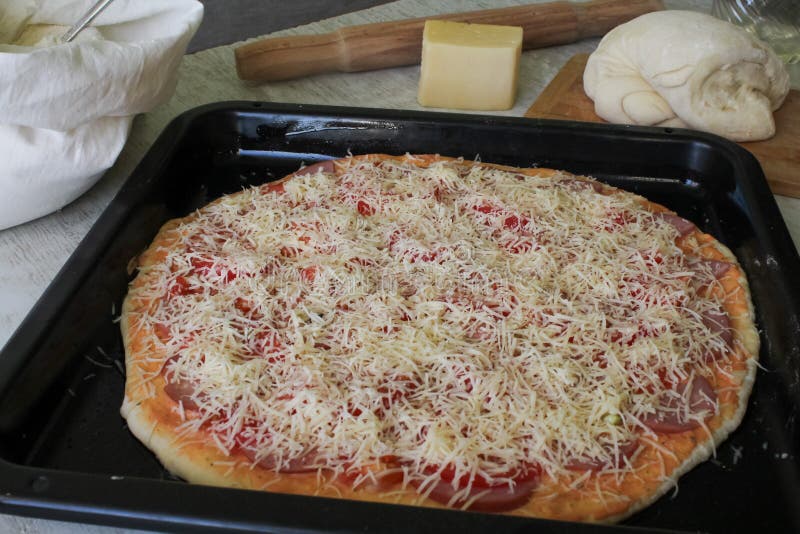 Process of Cooking Pizza at Home Stock Image - Image of ketchup ...