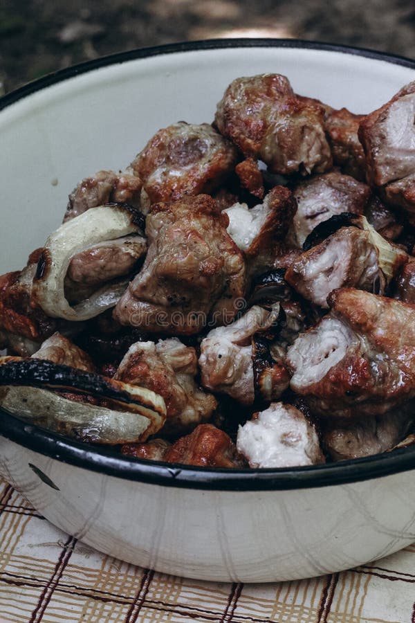 Process of Cooking Shashlik from Pickled Meat Outdoor. Stock Photo ...