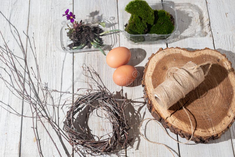 Process of Creating an Easter Decor in a Natural Style. Nest of Birch Branches and Moss and ...