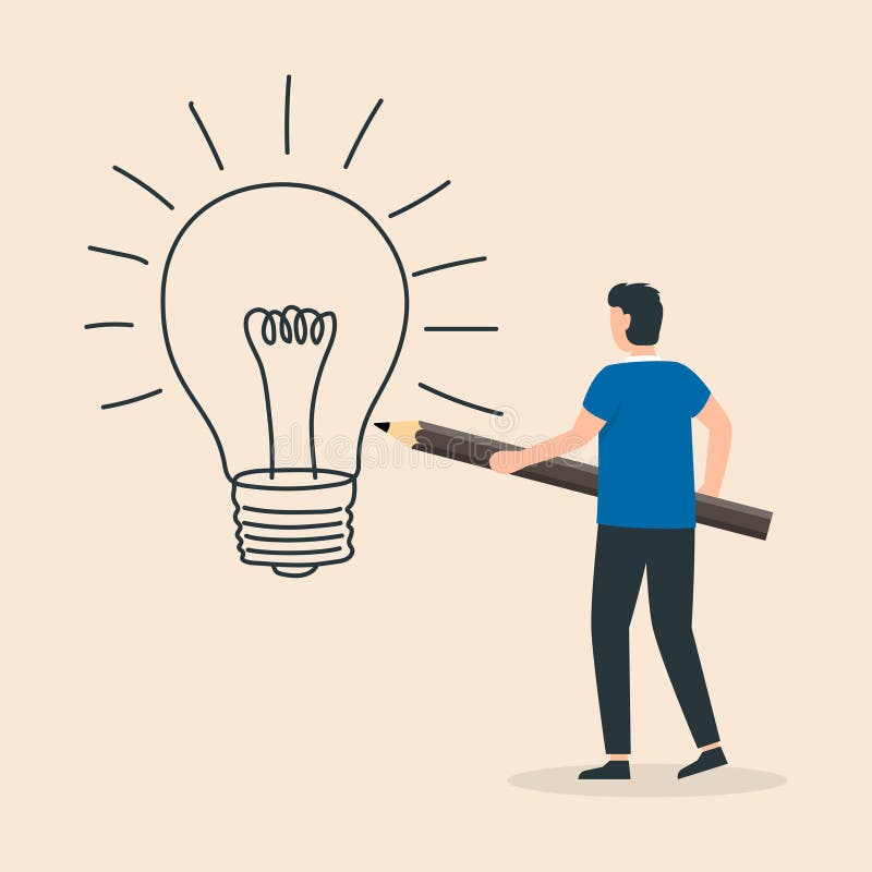 Process of Creating an Idea. Man Use Pencil To Draw a Light Bulb Stock ...