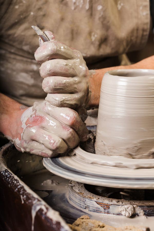The Process of Creating a Pottery on a Twisted Potter`s Wheel Close-up ...
