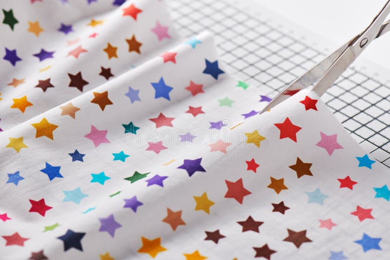 Process Cutting Fabric with a Pattern of Colorful Stars by Scissors on ...