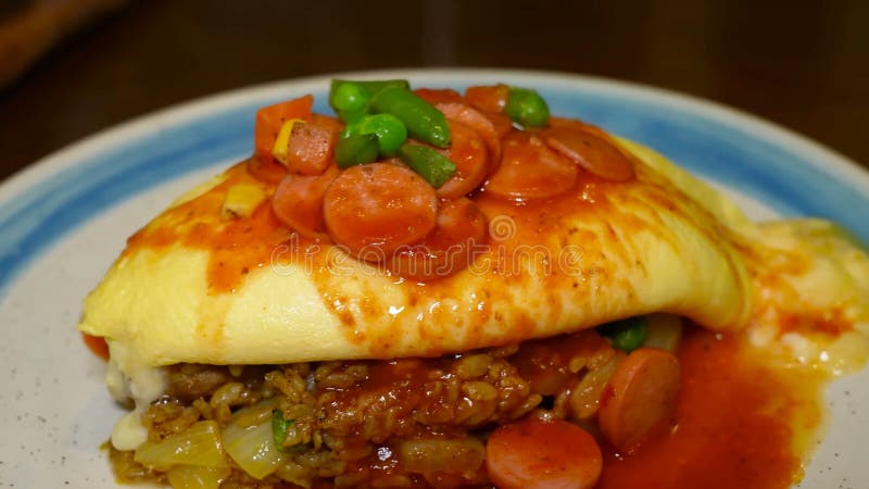 Serving Cut Omelette Roll and Risotto with Sauce and Tasty Ingredients ...