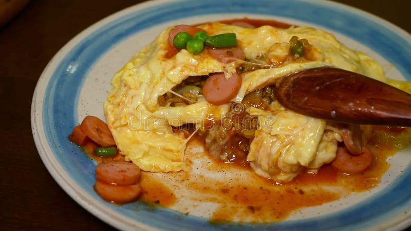 Serving Cut Omelette Roll and Risotto with Sauce and Tasty Ingredients ...