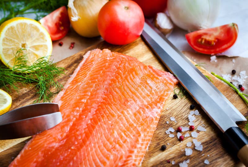 Process of Cutting Raw Salmon Stock Image - Image of diet, salmon: 63226575