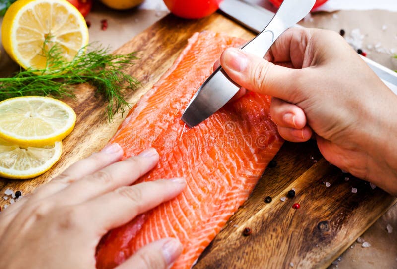 Process of Cutting Raw Salmon Stock Image - Image of fresh, food: 63464257