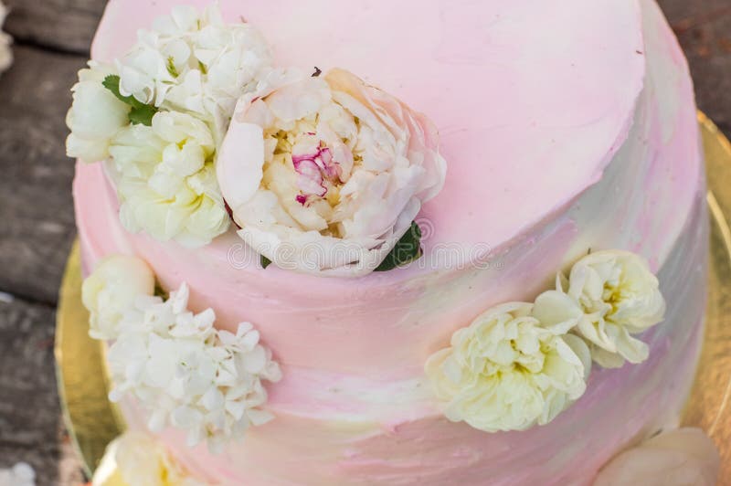 Big Pink Wedding Cake Decorated by Flowers Stock Photo - Image of ...