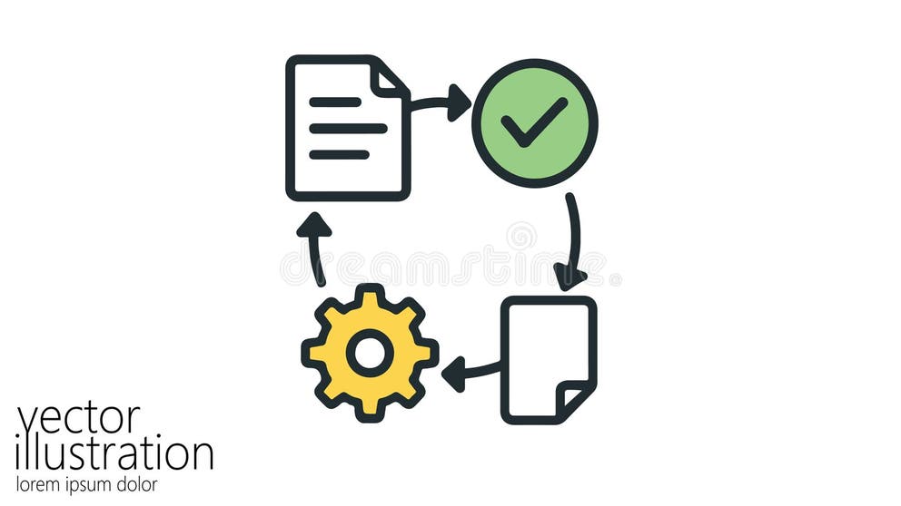 Process Diagram Icon Shows Workflow. Document, Gear, Checkmark ...