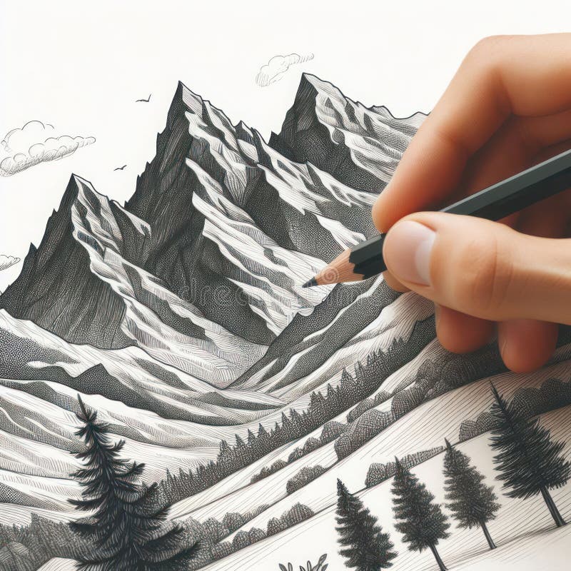 The Process of Drawing a Beautiful Landscape with a Pencil. Stock ...