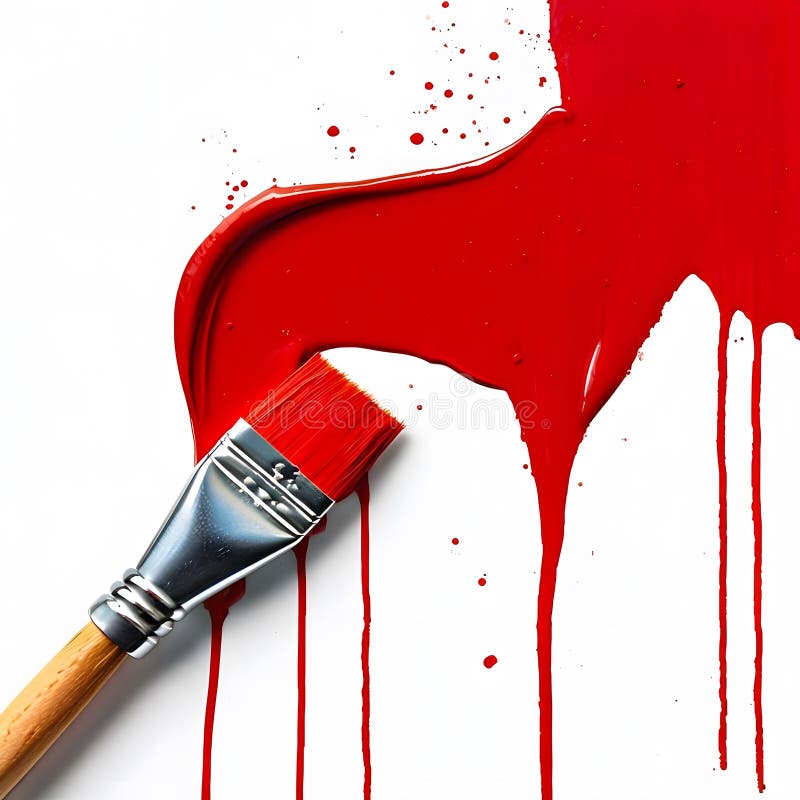 The Process of Drawing, Where a Brush Filled with Red Paint Leaves Bright Traces on a White ...