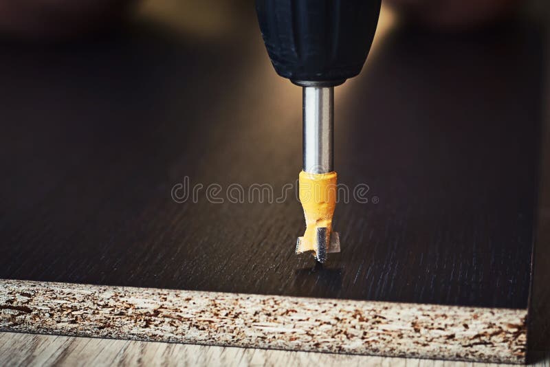 Process of Drillig Wood with a Drill Bit Close Up Stock Photo - Image ...